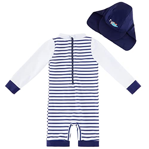 Baby Swimsuit Boy One Piece Rashguard with Hat UPF 50+ Sun Protection ,Blue Stripes,6-9 Months