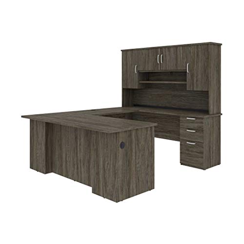 Bestar Murzim U or L-Shaped Executive Desk with Hutch, 71W, Walnut Grey