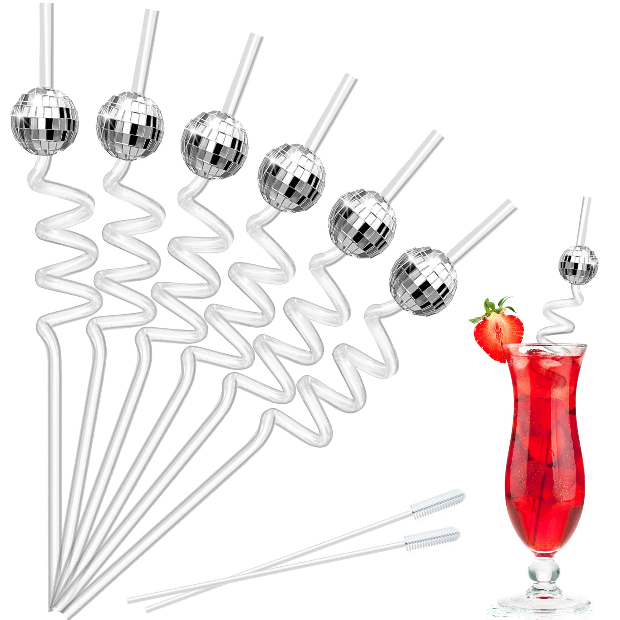 16 pcs Disco Ball Straws for Bachelorette Party Decorations, Mini Disco Balls Straw 70s Party Favors Supplies, Silver Mirror Bride Straws for Wedding, Plastic Silly Crazy Straws