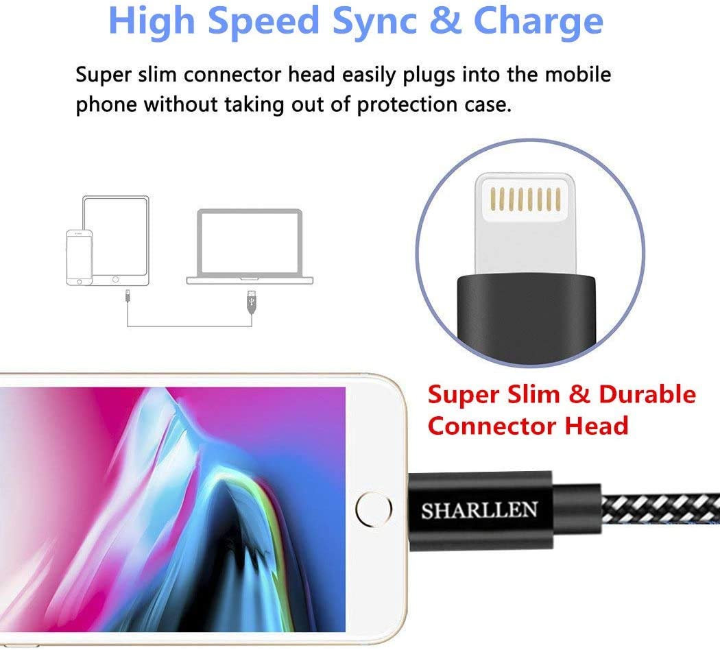 sharllen iPhone Cable 5Pack 3FT/6Foot/10Feet MFi Certified Nylon Braided Fast USB Charging&Syncing Charger Cord Wire Lightning Cable Compatible iPhone11/XS/Max/XR/X/8P/7Plus/6s P/6/6P/iPad/iPod Black