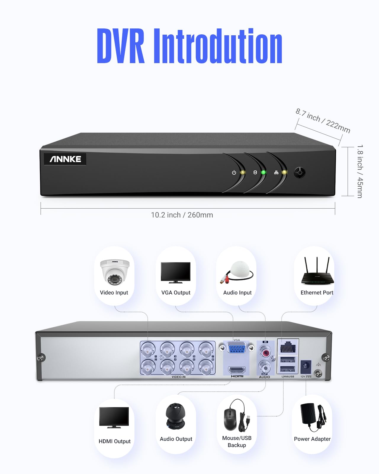 ANNKE 3K Lite 8 Channel Hybrid 5-in-1 Security Digital Video Recorder, H.265+ Surveillance DVR Supports 8CH Analog and 2CH 6MP IP Cameras, Remote Access, AI Human&Vehicle Detection, 1TB Hard Drive