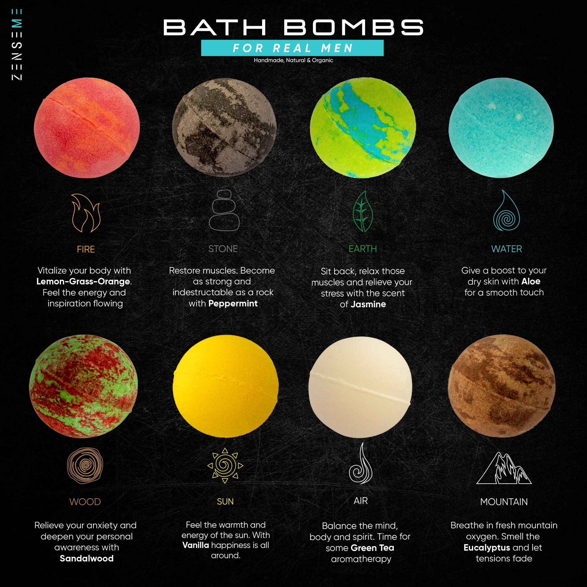 Bath Bombs for Men, Gift Set of 8 Scented Organic Handmade Bath Bombs of 2.5 oz with Natural Essential Oils. Perfect for Boyfriend, Husband, Father or Friend, by ZenseMe