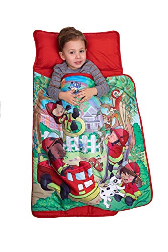 Baby Titi - Toddler Nap Mat with Removable Pillow, Carrying Handle and Strap Closure, Rollup Design, Soft Microfiber for Preschool, Daycare, Travel Sleeping Bag - Ages 2-4 Years (Firefighters)