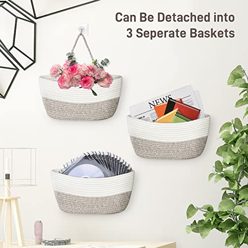AivaToba Over Door Hanging Basket, 3-Tier Wall Mount Hanging Cotton Rope Storage Organizer, Decorative Storage Basket for Living Room (Brown)