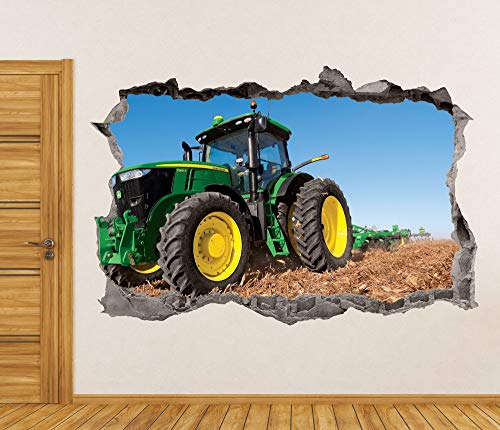 Green Tractor Wall Decal Art Decor 3D Smashed Concrete Farm Sticker Kids Bedroom Mural Custom Gift UP26 (24"W x 16"H)