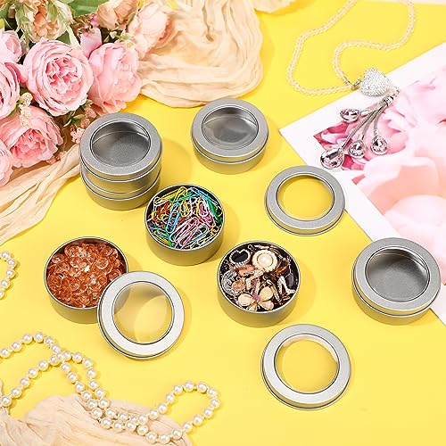 2 Ounce Metal Tin Cans Round Empty Container Salve Tins with Clear Screw Lid for Kitchen, Office, Candles, Candies ()