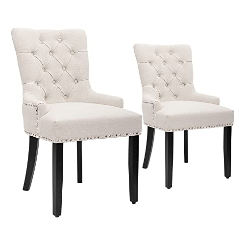 CangLong Modern Elegant Button-Tufted Upholstered Fabric With Nailhead Trim Side Chair for Dining Room Accent Chair for Bedroom, Set of 2, Beige