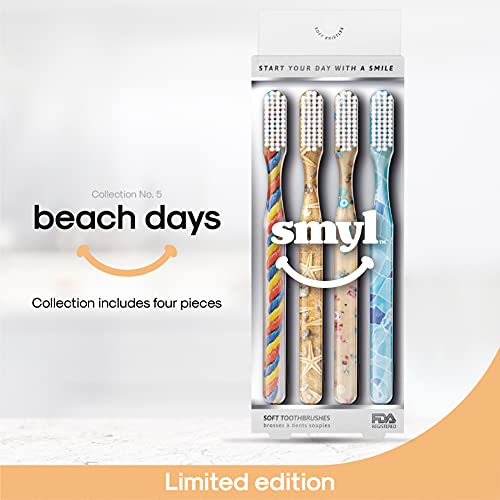 SMYL Toothbrush, Toothbrushes for Adults with Nylon Bristles, Oral Care and Plaque Removal, Day at The Beach Design, Pack of 4