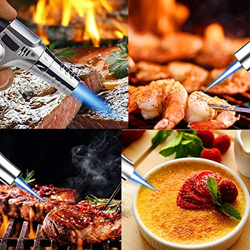 2 Pack Butane Torch Lighters,PBXZET Blow Torch Refillable Kitchen Cooking Torch with Safety Lock Adjustable Flame Chef Torch for Desserts Brulee BBQ Baking-Butane Gas Not Included(Silver Red)