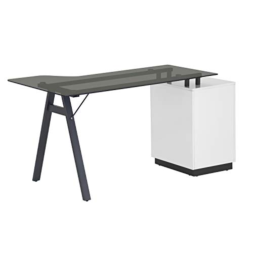 Techni Mobili Modern Smoke Tempered Glass top & Storage Home Office Computer Writing Desk Workstation with Two Cupholders and a Headphone Hook-Pine, 59.5" D x 29.25" W x 29.5" H, White
