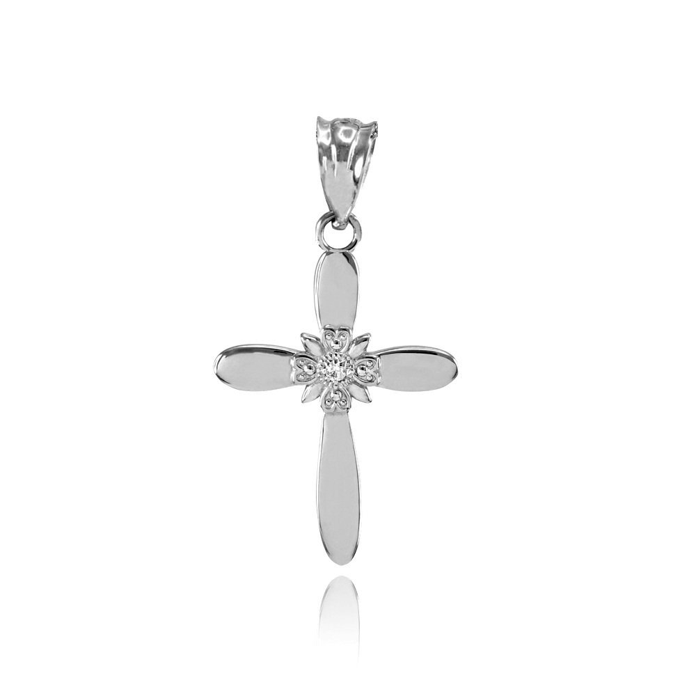 14K White Gold Diamond Accented 1ā Solitaire Natal Starburst Flower Petal Cross Crucifix Pendant (?-? Color, I1 Clarity)