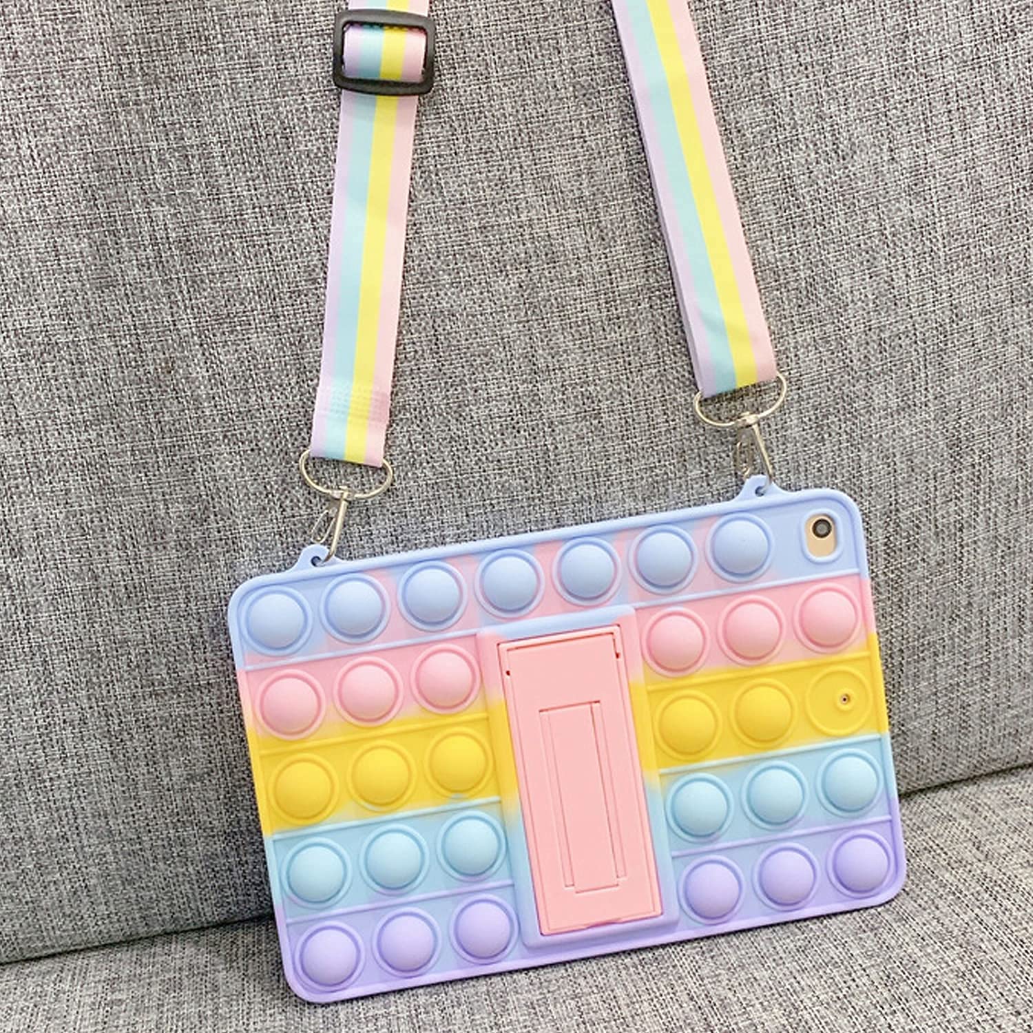 iZi Way Pop It for iPad Air 5th/4th Generation Case 2022/2020 Kids Girls, Poppet Fidget Toy Push Bubble Cute Silicone Tablet Case Cover, Stand, Shoulder Strap for Apple iPad Air 5/4 10.9” - Rainbow