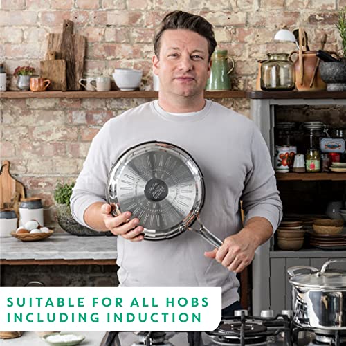 Tefal Jamie Oliver Cook's Direct Stainless Steel, 2 Piece Frying Pan Set, 24 & 28cm, Non-Stick Coating, Heat Indicator, Riveted Safe-Grip Handle, Induction Hob Compatible, E304S244