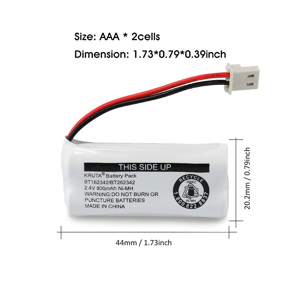 Kruta BT162342/BT262342 2.4V 800mAh Ni-MH Cordless Phone Battery Pack, Also Compatible with BT183342/BT283342 AT&T EL52351 TL90070 VTech CS5119 DS6511 DS6722 LS6305 Handset, 2-Pack