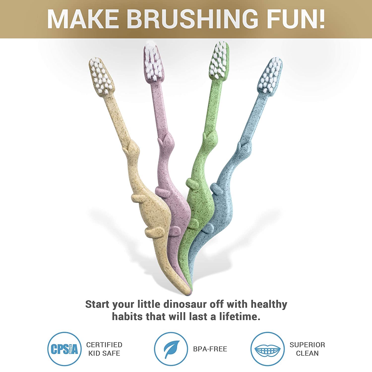 ANPEI ROARex Vegan Kids Toothbrush | Dino Design | Biodegradable & Compostable Natural Plant-Based Toothbrush | Dinosaur Theme | 1% for The Planet