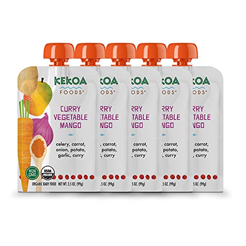 Kekoa Foods Curry Vegetable Mango Baby Food Purée | 100% USDA Certified-Organic, No Sugar Added | Organic, Non-GMO, Gluten-Free, Vegan | Mild Curry with Celery, Carrot & Potato | 3.5 oz Squeeze Pouch