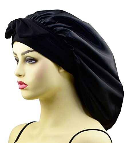 Extra Large Sleep Cap Satin Bonnet for Sleeping Long Hair Bonnet for Women Large Night Cap for Curly Hair XL Silk Bonnets (Black + Rose)