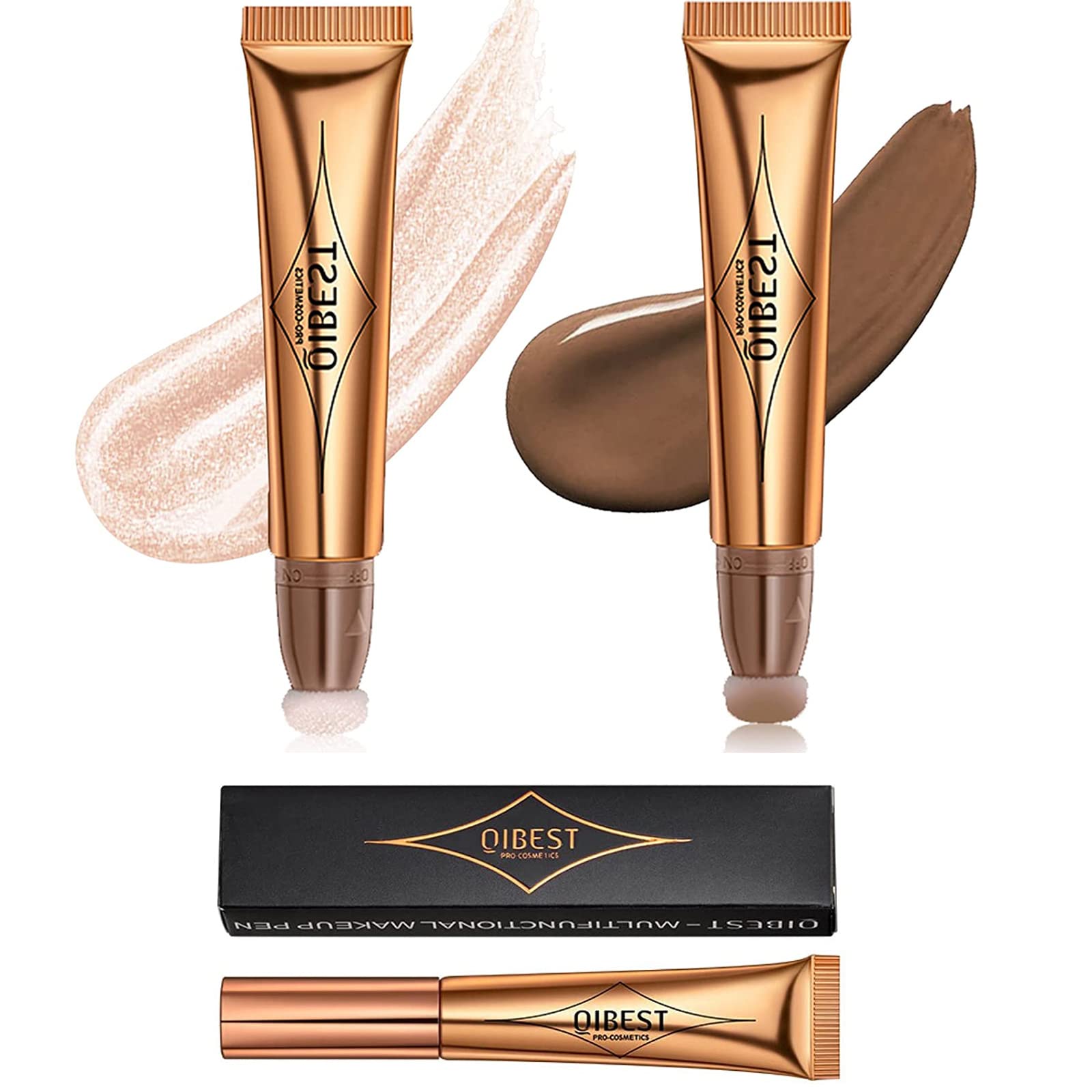 2PCS Highlighter Wand, Contour Wand Dupe, Contour Beauty Wand, Contour Beauty Wand, Liquid Highlighter Beauty Wand With Cushion Applicator, Face Highlight Bronzer Stick with Cushion Applicator