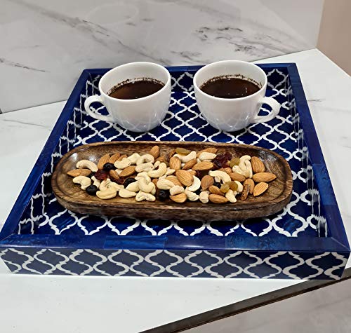 A Bone Exotic Designer Handmade Tray Kitchen Usage Coffee Table Top Drinks Serve Trays Vintage Square Blue Tray,12X12, Blue & White