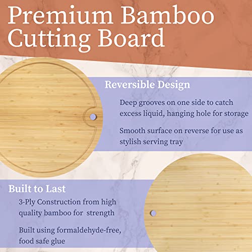 BambooMN Bamboo Round Cutting and Serving Board, Charcuterie Board - 15" diameter x 0.75" thickness - 1 Piece
