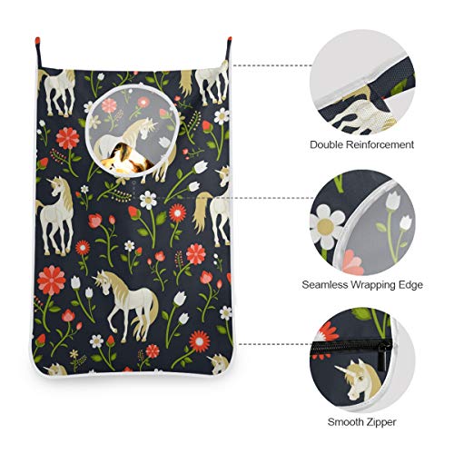 hengpai Kids Cute Hanging Laundry Hamper Bag Dirty Clothes Bag Basket Fabric Wash Bag with Door Wall Hooks,White Horse Flower
