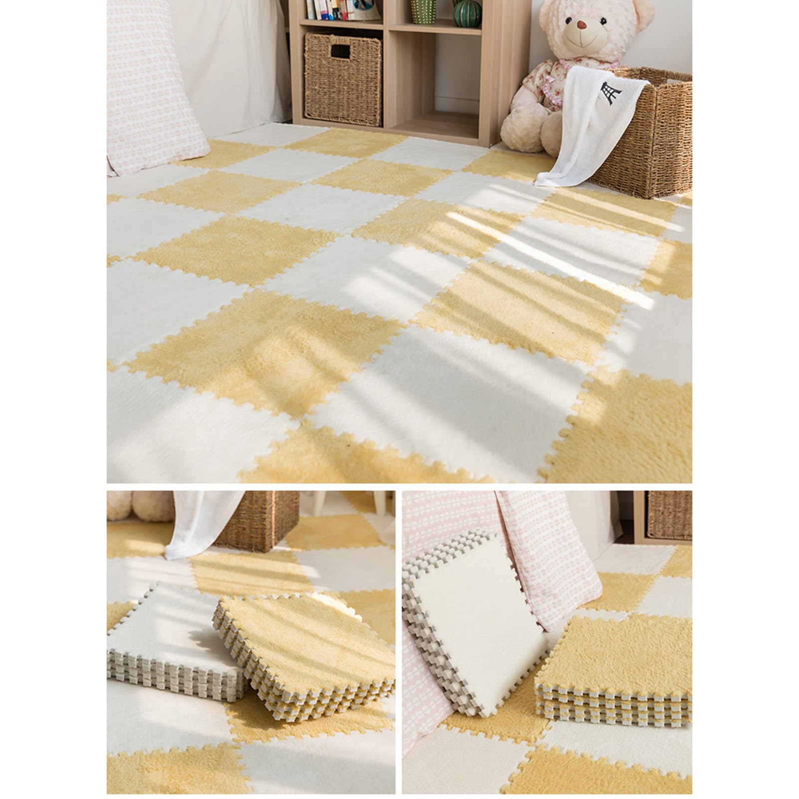 10pcs Puzzle Play Mats, 12" X 12" Plush Interlocking Carpet Tiles, Foam Square Area Rugs for Play Room, Bedroom, Easy to Install DIY(Color:White+Khaki)
