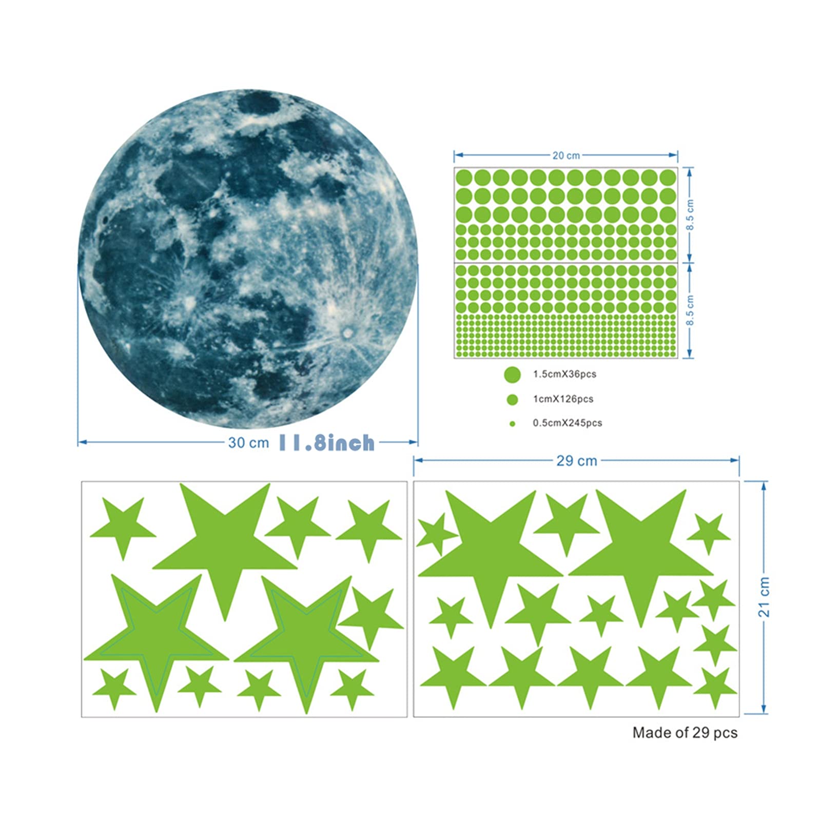 Sursarbelor Luminous Φ30cm Big Moon and Stars Dots Wall Stickers, 435 Pieces Glow in The Dark Stickers, Wall Ceiling Sticker Decals for Home Party Kids Room Decorations