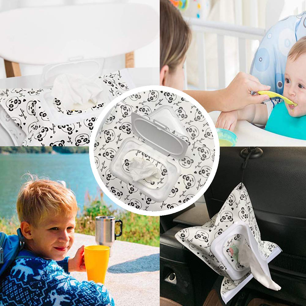 Baby Wipes Dispenser, Paper Tissues Portable Reusable Container Holder Pouch with Lids, for Napkin Nappy Paper Tissues Towel, Wipes Box Bag, Black, Panda Print