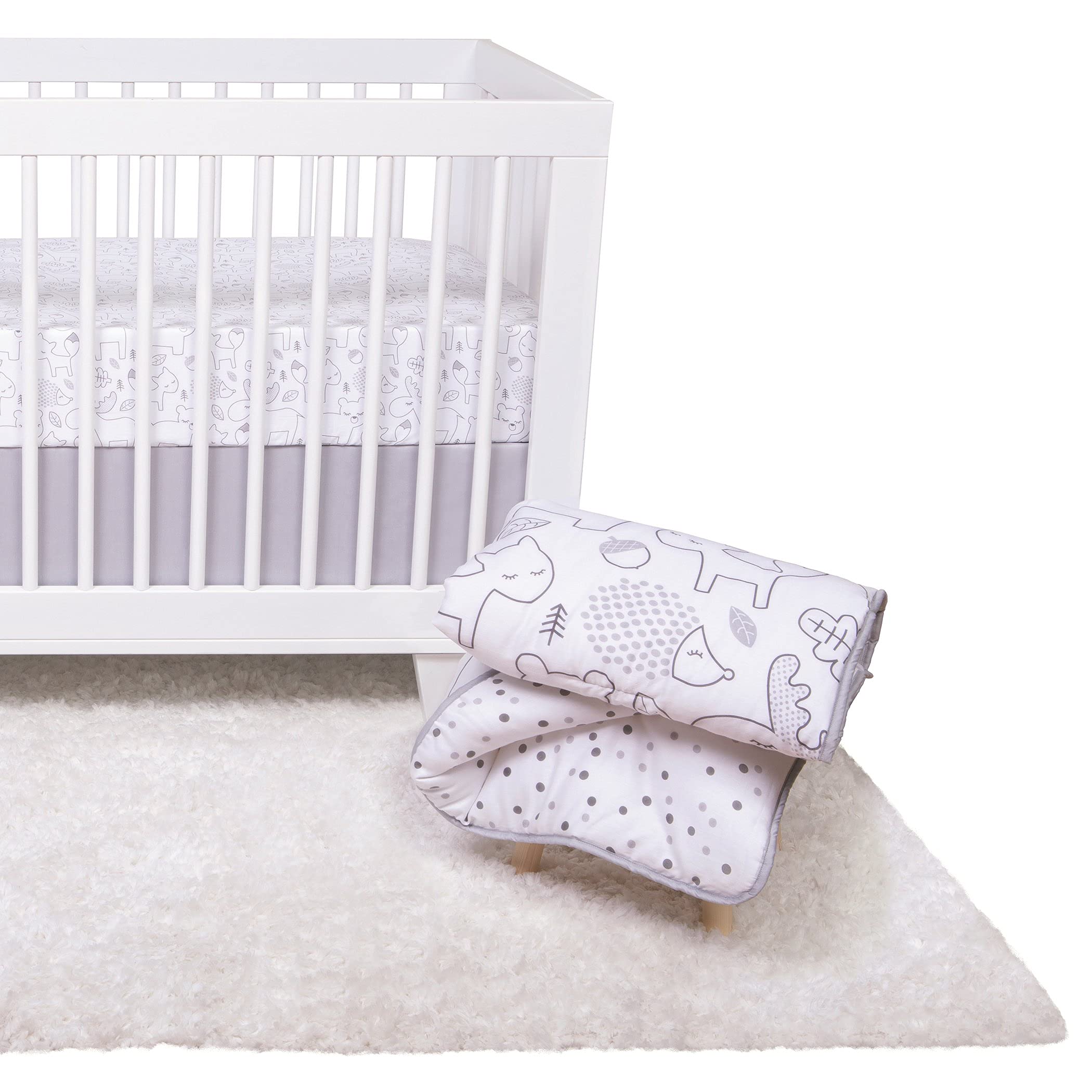 Trend Lab Modern Baby Crib Bedding Set for Boys or Girls | Simple Forest 4 Piece Nursery Décor Quilt, 2 Fitted Crib Sheets, and Dust Ruffle Skirt - Grey, 80025