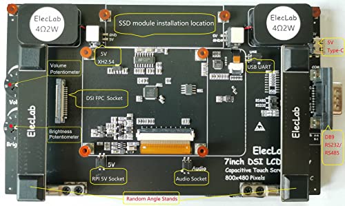 ElecLab 7 Inch 800x480 DSI Touchscreen Monitor Capacitive LCD Display RS232/RS485 Speaker Bracket for RPI 4B 3B+ 3B 3A+ 2B B+