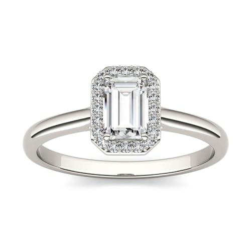 14K White Gold Moissanite by Charles & Colvard 6x4mm Emerald Halo Ring-size 7 0.68cttw DEW