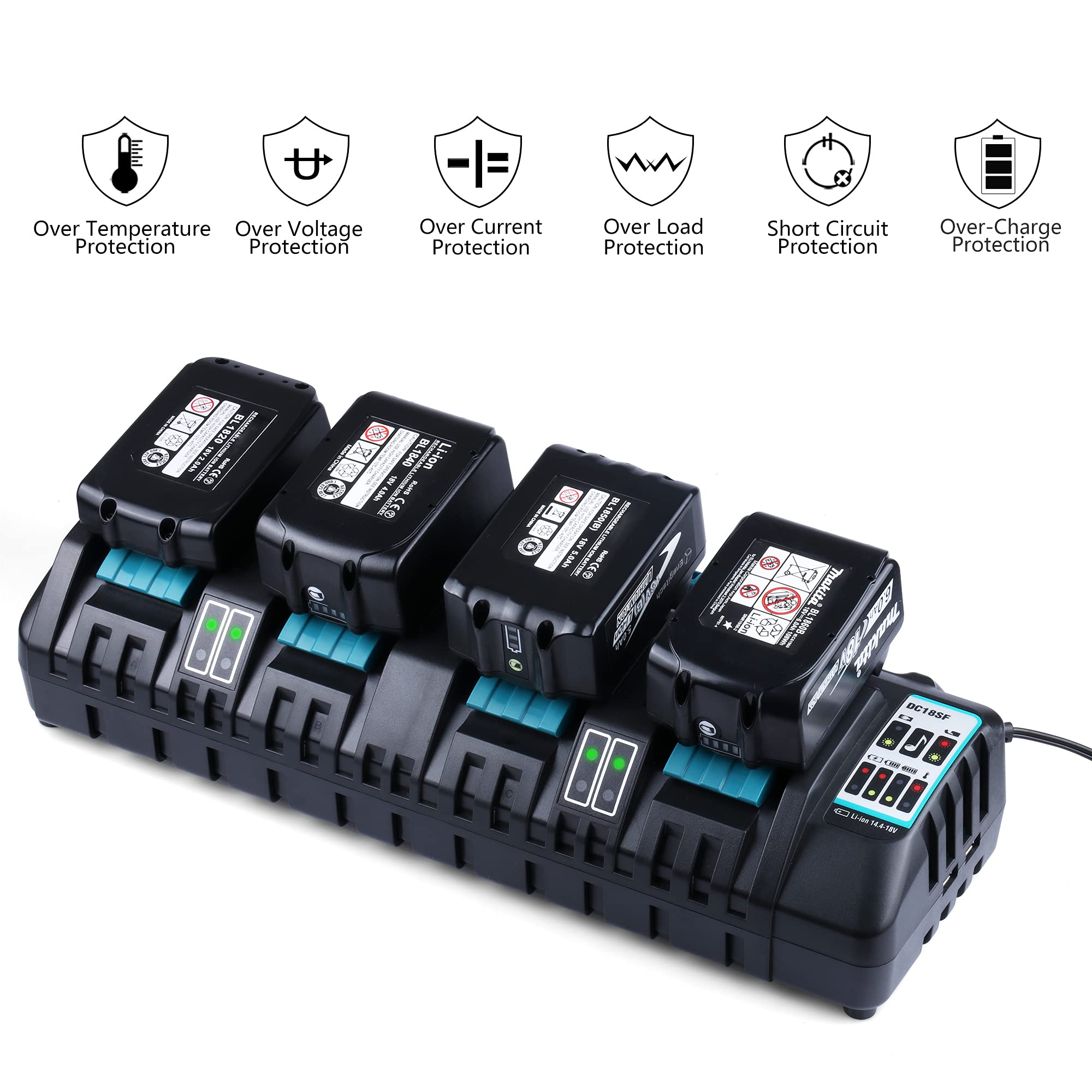 18V DC18SF 4-Port Fast Charger with Dual USB Port Compatible with 14.4V 18V LXT Li-ion Battery BL1840 BL1850 BL1860 BL1890, Replacement for 18 Volt Battery Charger DC18RC DC18RD
