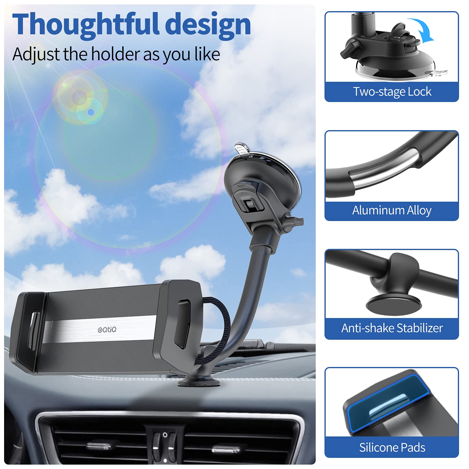 OQTIQ Tablet Holder for Car Dashboard Windshield Car Tablet Mount for Truck Strong Suction Cup Flexible Gooseneck Compatible with iPad Pro, Air, Mini, Galaxy, Fire, 4.7-13" Tablets, and 4-7" Phones