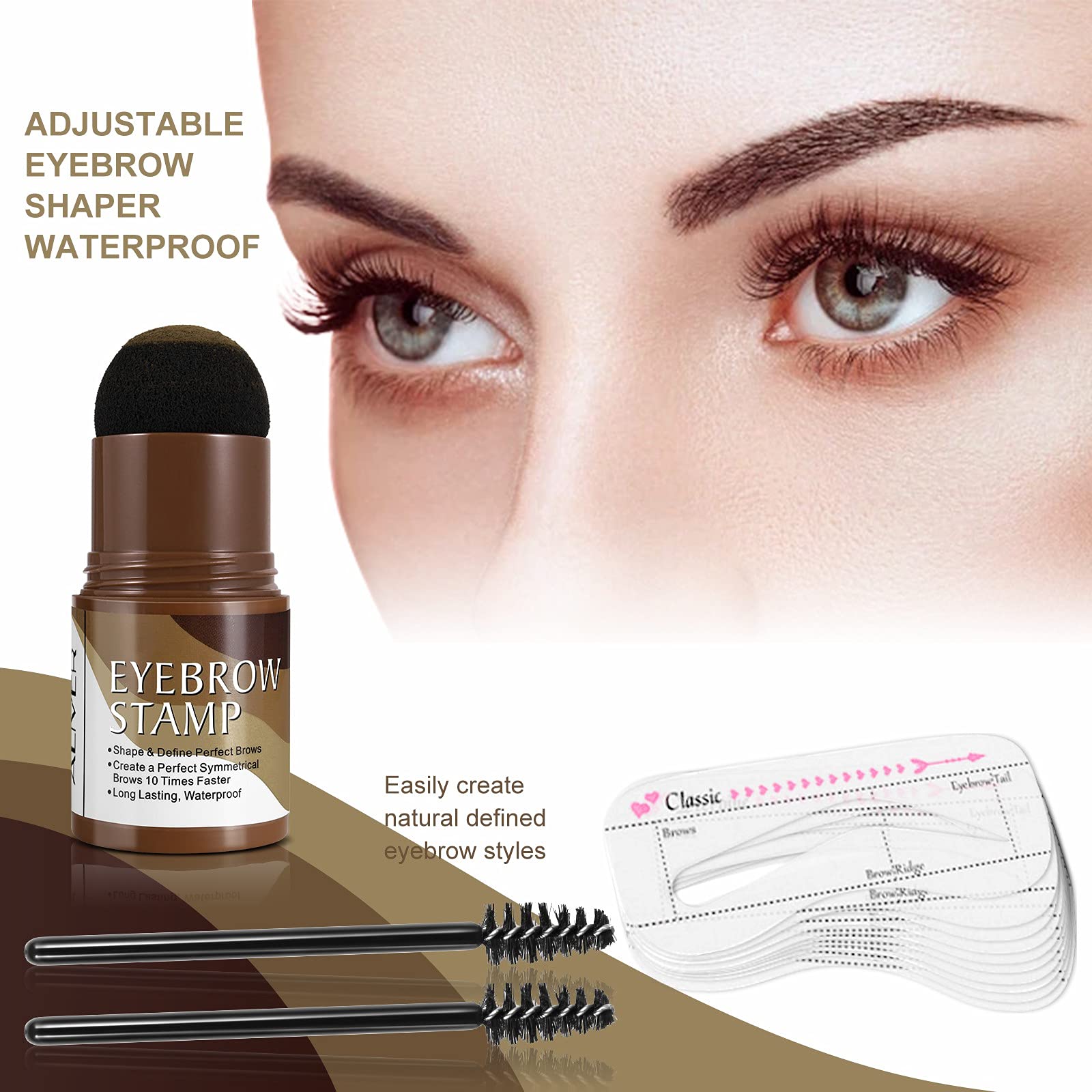 Eyebrow Stamp Stencil Kit, contains 10 reusable molds, and 2 small pencil brushes, Waterproof Brow Stamp and Shaping Kit, professional eyebrow styling tools (dark brown)