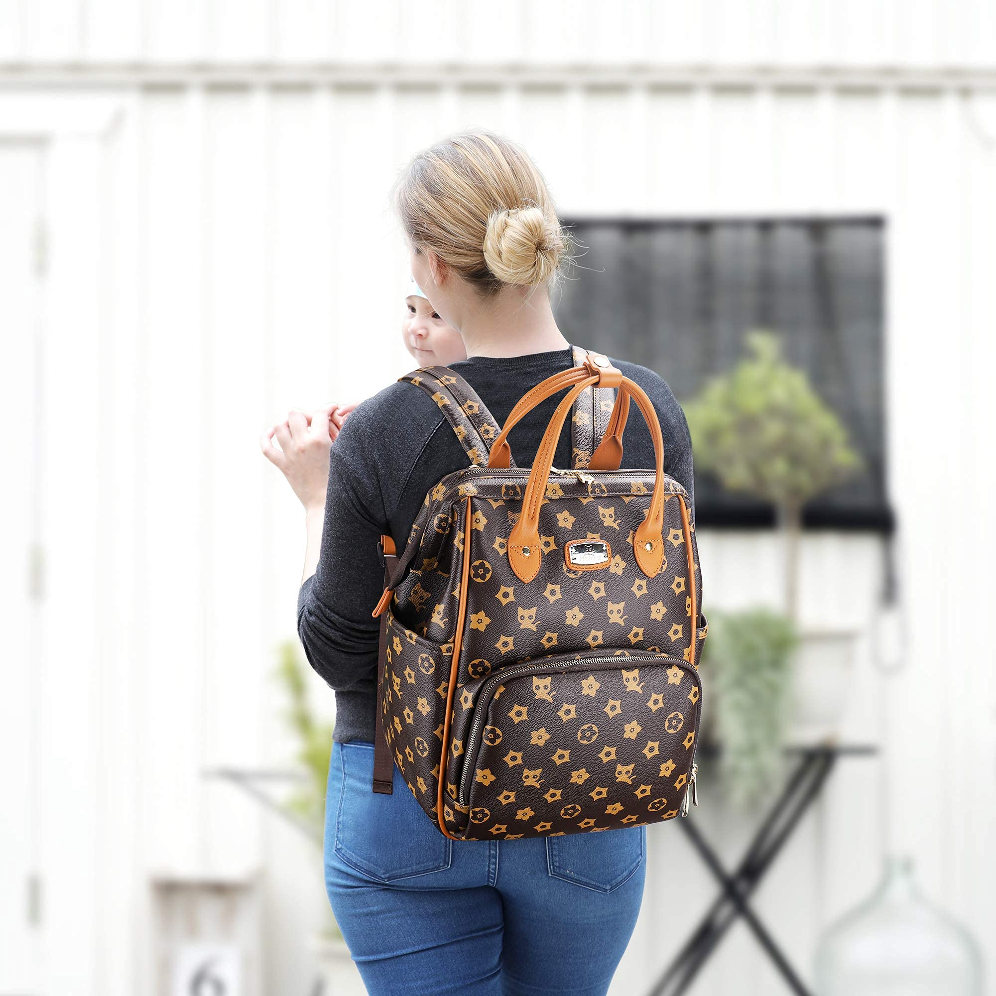 Hafmall Diaper Bag Backpack, Leather Baby Bag for Mom and Dad, Mini Diaper Backpack with Changing Pad and Stroller Hooks, Stylish Mommy Bag for Travel, Baby Registry Search, Brown