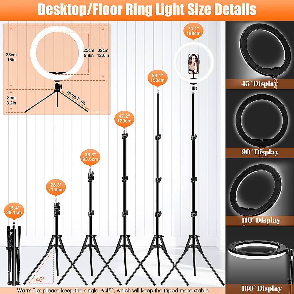 12.6'' Ring Light with Stand and Phone Holder: Totally 74" Tall Led Ringlight Tripod with 40 Color Modes, Floor and Desktop Stand with Circle Lights for iPhone Phone Makeup Video Meeting Live Stream