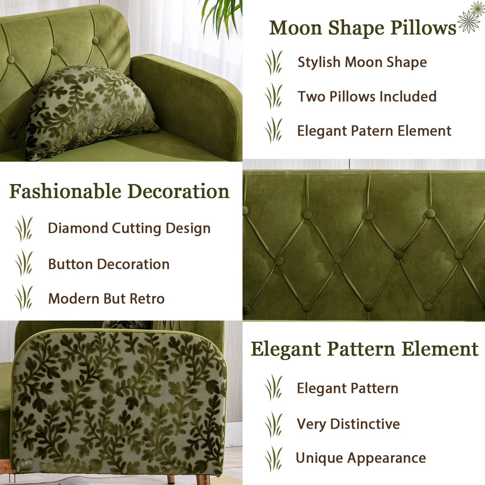 55-inch Small Velvet Couch with Elegant Moon Shape Pillows, Twin Size Loveseat Accent Sofa with Golden Metal Legs, Living Room Sofa with Tufted Backrest, 600 Pounds Weight Capacity, Green