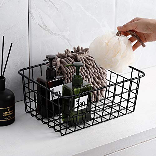 LeleCAT Black Wire Storage Baskets, Metal Household Storage Organizer for Kitchen,Pantry, Shelf, Freezer, Bathroom,Black 2 Pack