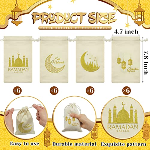 24 Pcs Ramadan Burlap Bags Eid Mubarak Goody Bags Linen Drawstring Gift Bags Islamic Gifts Small Drawstring Pouch Eid Goodie Bags for Muslim Eid Mubarak Party Decorations, 4.7 x 7.8 Inches/ 12 x 20 cm