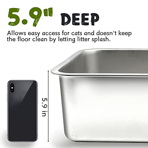 BNOSDM 2 Pack Stainless Steel Litter Box Smooth Litter Pan for Cats and Rabbits Metal Cat Litter Box High Sided, Non Stick, Easy to Clean, 17.7" L X 13.8" W X 5.9" H