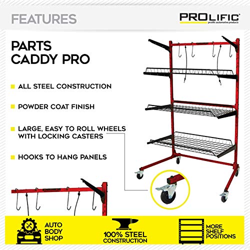 Prolific Parts Caddy Pro - Auto Body Parts Rack with Wheels - 50"W x 73"H x 31"D - Multiple Shelf Positions – All Steel Construction - RED