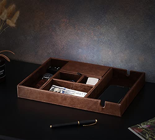 BEWISHOME Valet Tray for Men Dresser Organizer Nightstand Organizer Desktop Storage Organizer with Large Smartphone Charging Station, 6 Compartments, Faux Leather, Brown SSH16Z