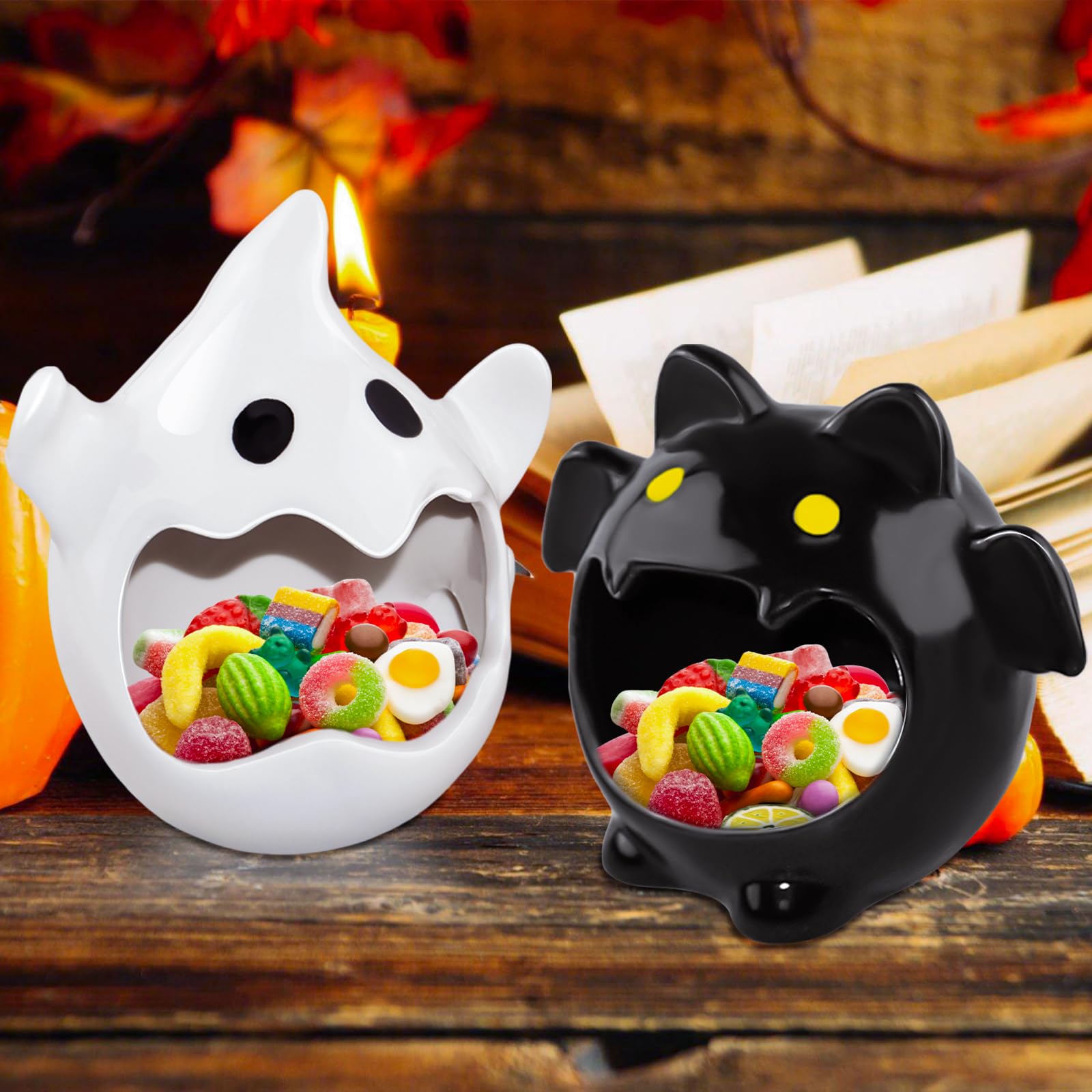 2 Pack Halloween Candy Dish Holder Bat Ghost Shape Halloween Candy Bowls Candle Holder Ceramic Dish Holiday Tired Tray Decor for Trick or Treat Halloween Party Table Decoration Supplies Gift