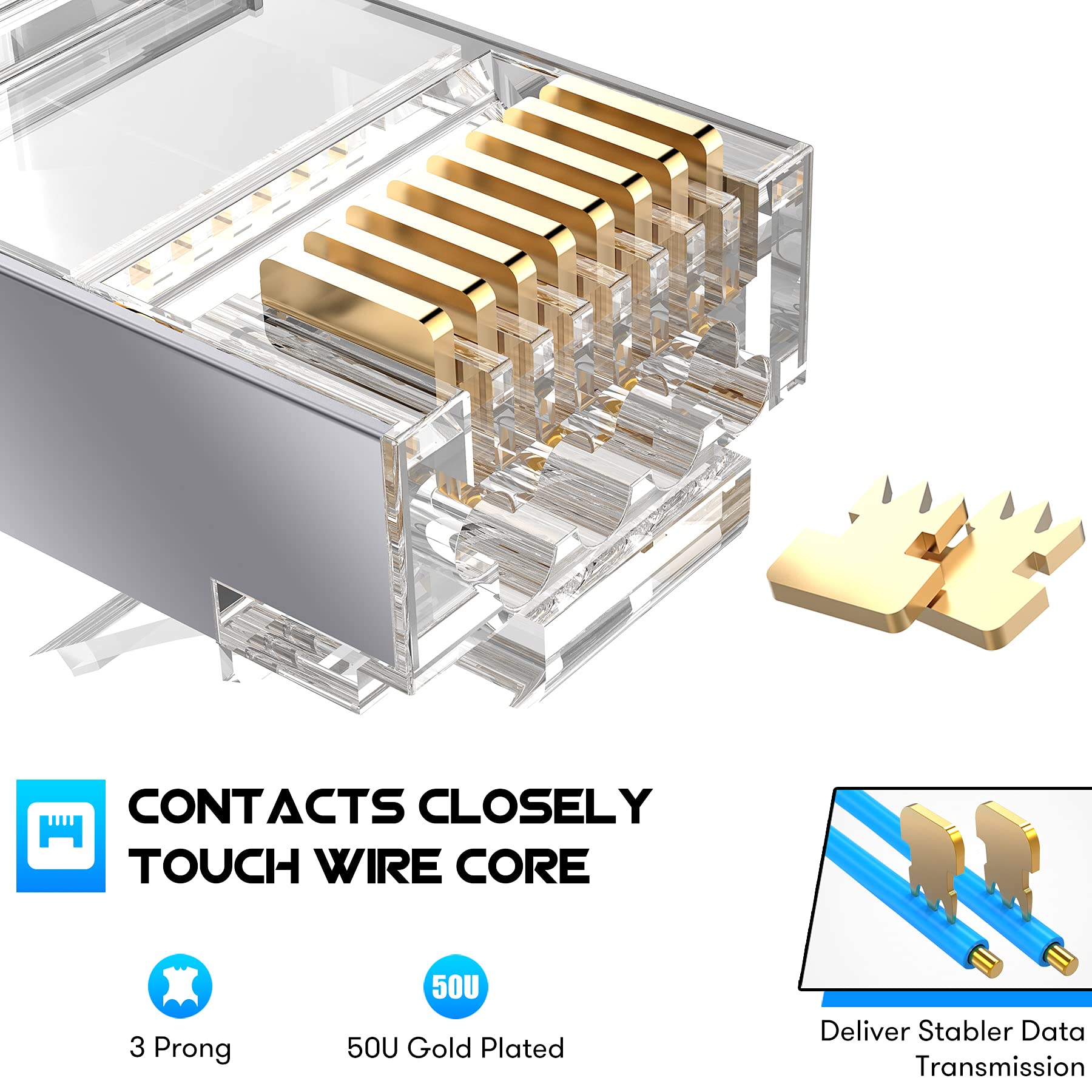 JODROAD Shielded RJ45 Cat6A Cat7 Pass Through connectors - 3 Prong 8P8C 50U Gold Plated 2-Piece Pass-Thru Modular Data Plug for FTP/STP Cable & solid wire (30 Pack)