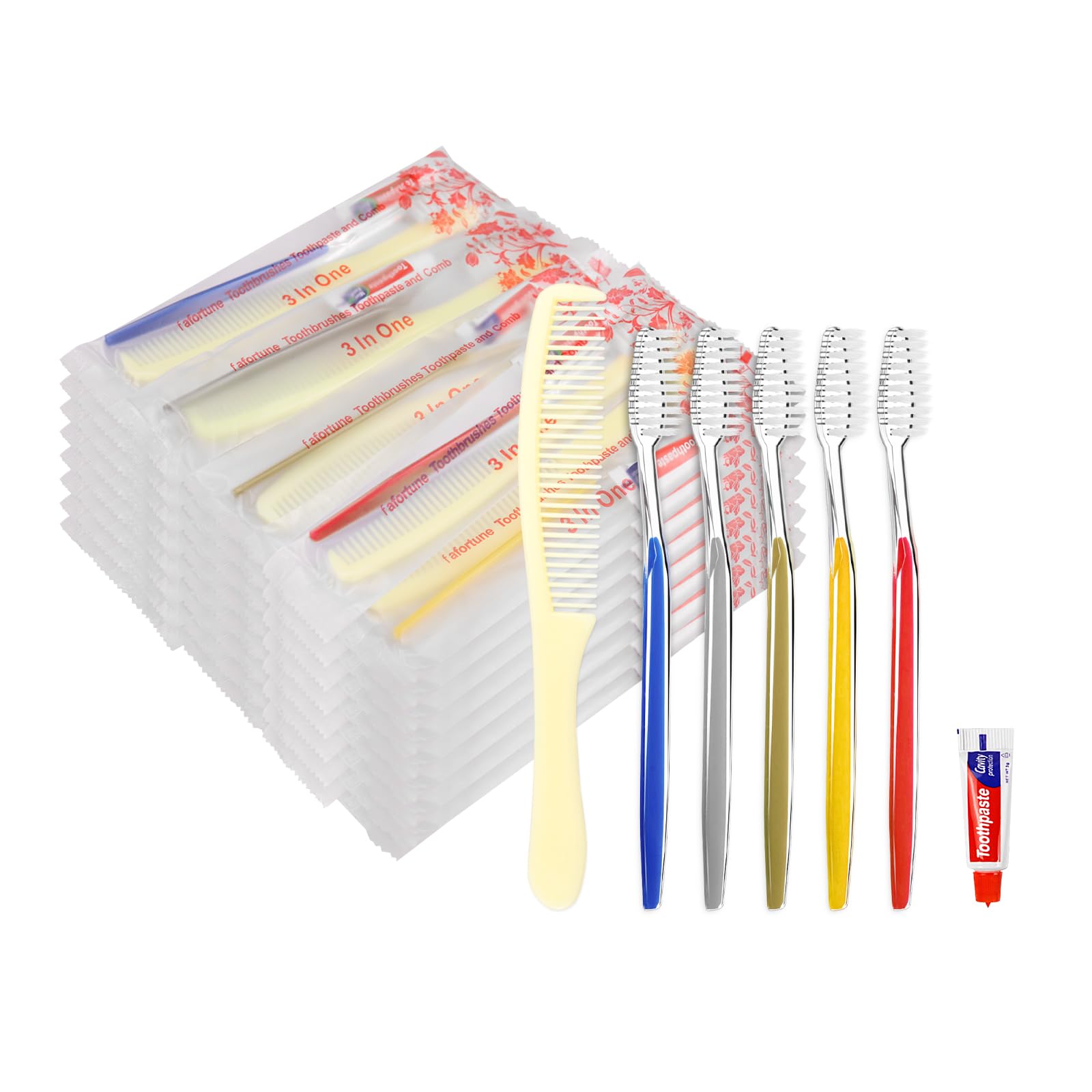 fafortune 50 Pack Disposable Toothbrushes with Toothpaste and Comb for Homeless Individually Wrapped-Suitable for Hotel,Air Bnb,Shelter/Homeless/Nursing Home/Charity((50 pcs))