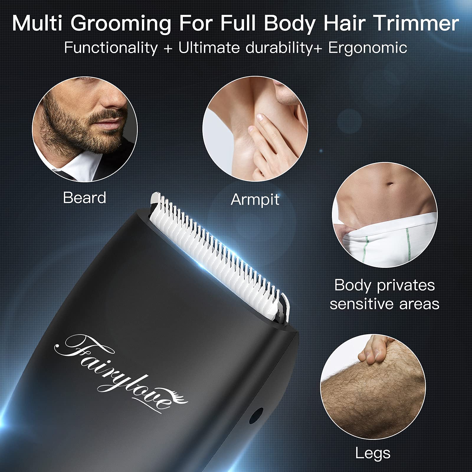 FAIRYLOVE Electric Groin Body Hair Trimmer Ball Trimmer for Men USB Recharge Dock Cordless Use Fully Waterproof Replaceable Ceramic Blade Pubic Hair Trimmer Body Groomer Kit for Men
