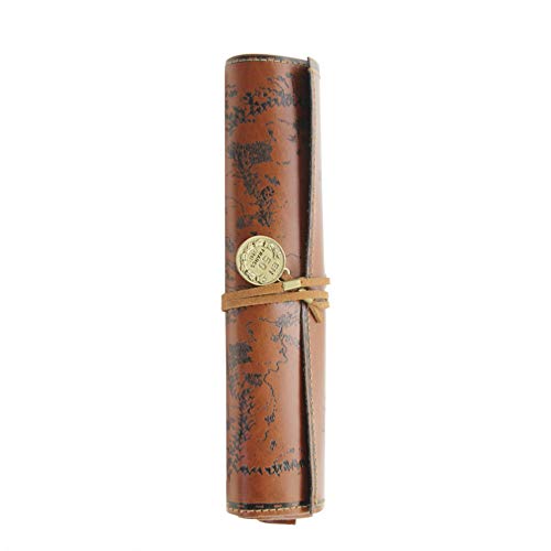 Canvas Leather Pencil Bag Roll,Vintage Treasure Map Pattern Pen Case Holder Organizer,Soft Wrap Bag Stationery Makeup Pouch Roll Up Style (Brown)