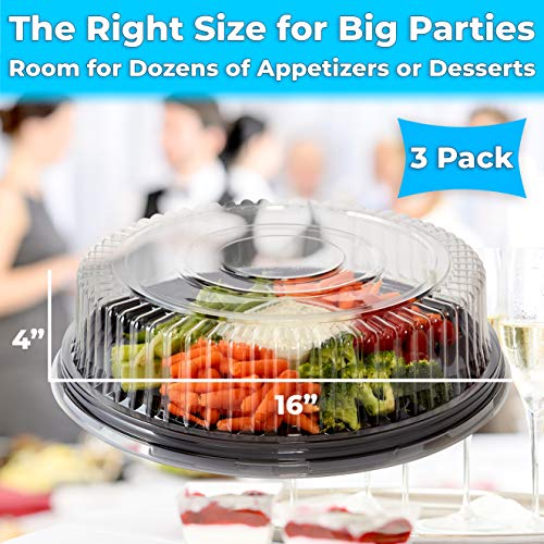 Heavy Duty, Recyclable 16 in. Serving Tray and Lid 3pk. Large, Black Plastic Party Platters with Clear Lids. Elegant Round Banquet or Catering Trays for Serving Appetizers, Sandwich and Veggie Plates
