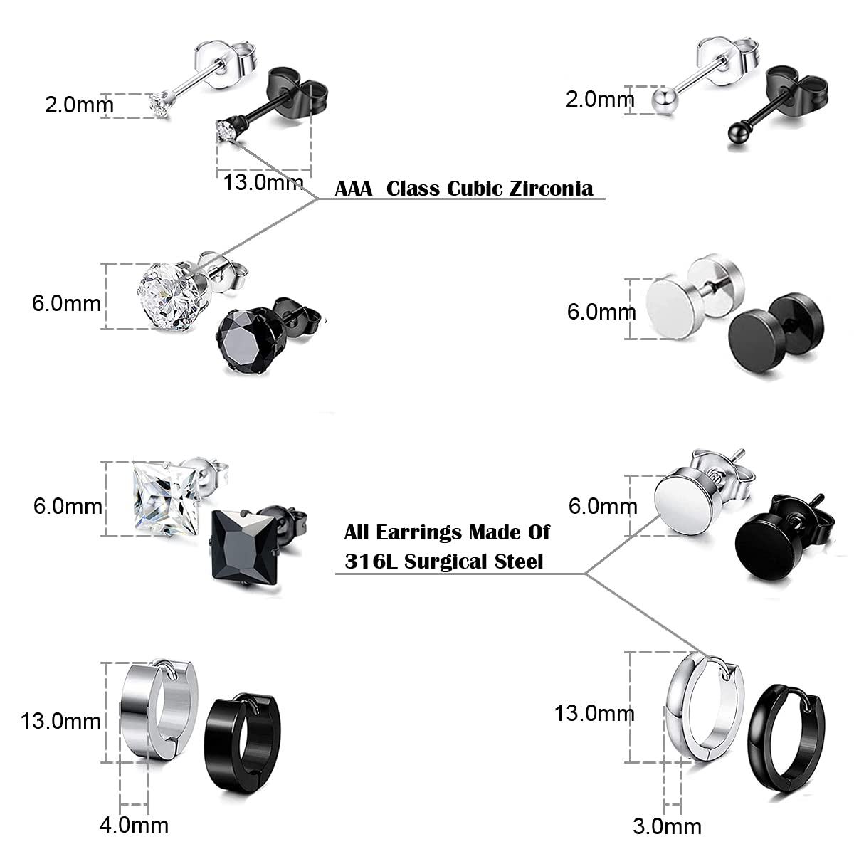 16 Pairs Black Earrings for Men Black Stud Earrings men's earrings Set Huggie Hoop Surgical Stud Earrings for Women