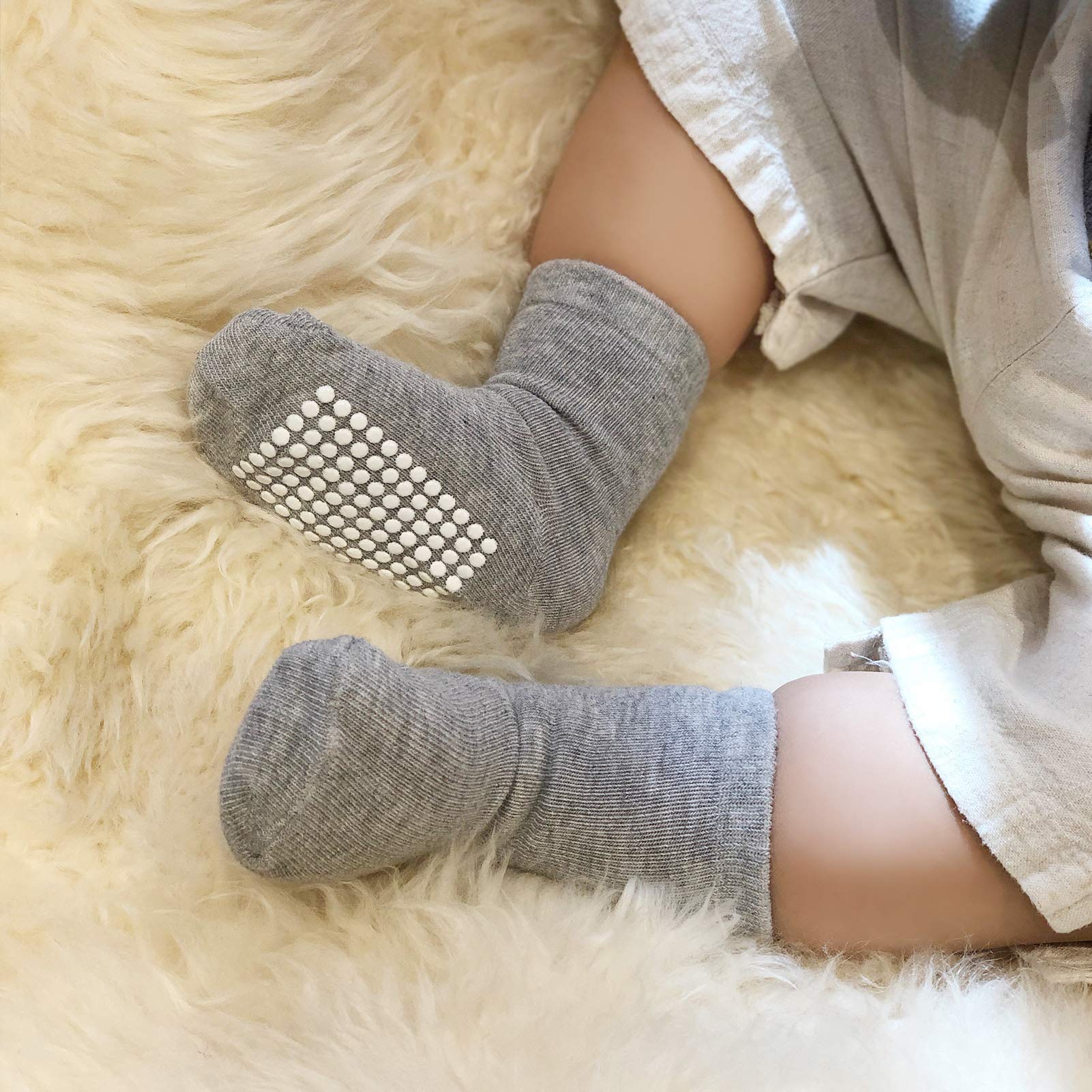 JAKIDAR 12 Pairs Baby Socks Cotton Crew Toddler Socks Grips Non Slip Bottom Kids Socks, Brown 12-24M